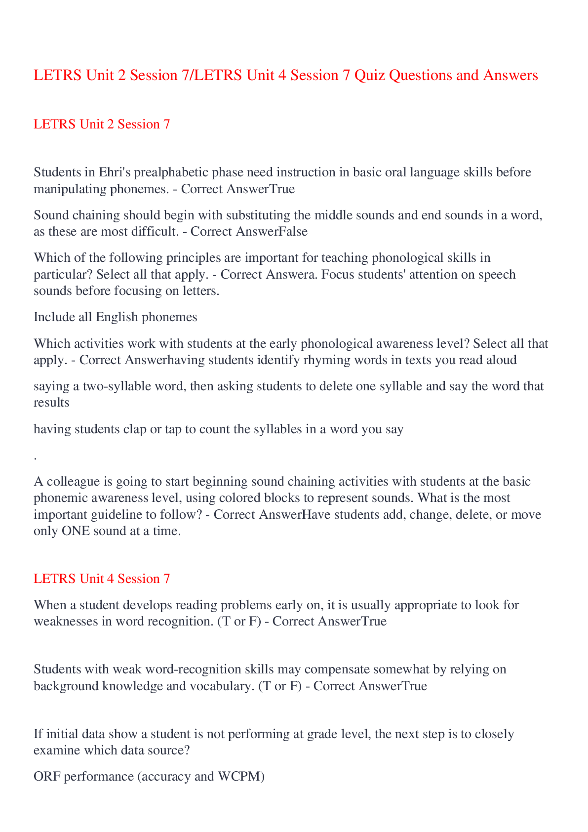 LETRS Unit 2 Session 7/LETRS Unit 4 Session 7 Quiz Questions and ... LETRS Unit 2 Session 7/LETRS Unit 4 Session 7 Quiz Questions and ...